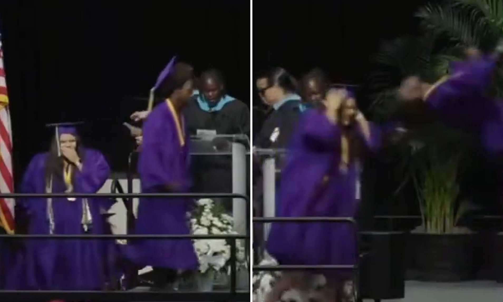 High school graduate kicks student in the face as he pulls a surprise ...