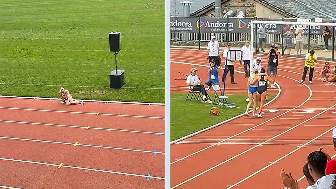 Runner helps competitor fainting with cramps across the finish line