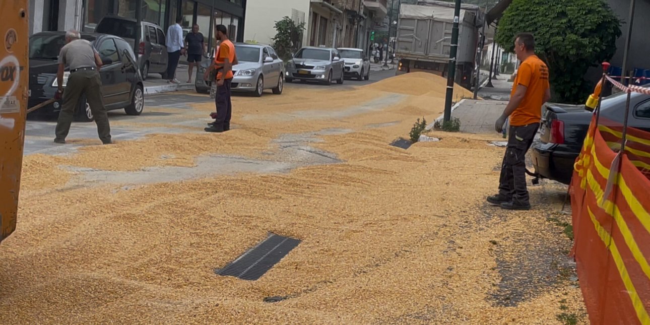 Αμφιλοχία: Καλαμπόκι χύθηκε από φορτηγό και γέμισε τον δρόμο έξω από το ...