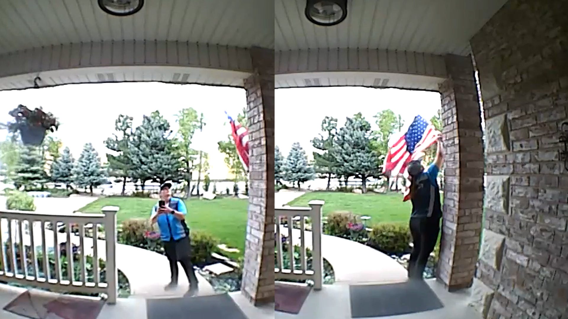 Kind delivery worker fixes tangled American flag in respectful gesture