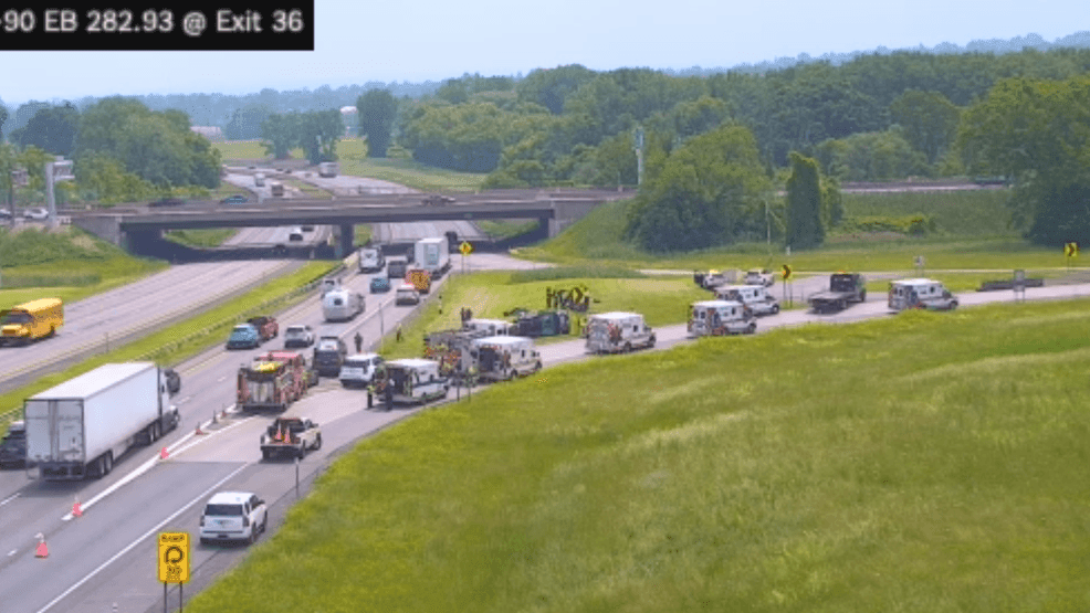 15 taken to hospital after passenger van rolls over on I-90 Thruway
