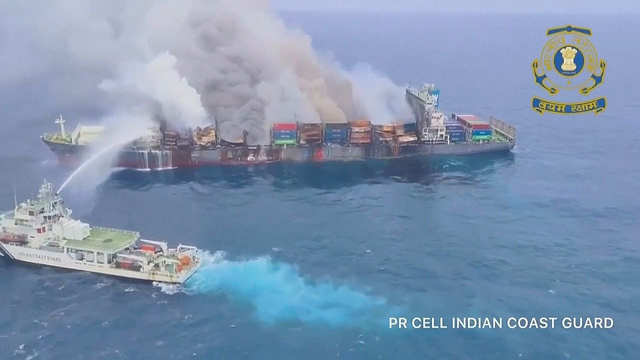 Indian Coast Guard trying to tow burning cargo ship to avert ecological ...