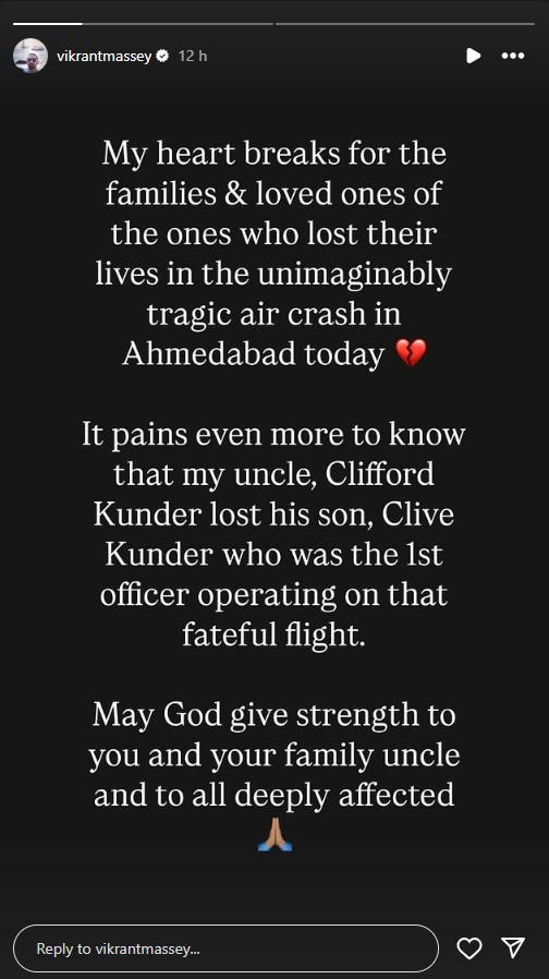 Vikrant Massey clarifies Air India flight co-pilot Clive Kunder wasn't ...