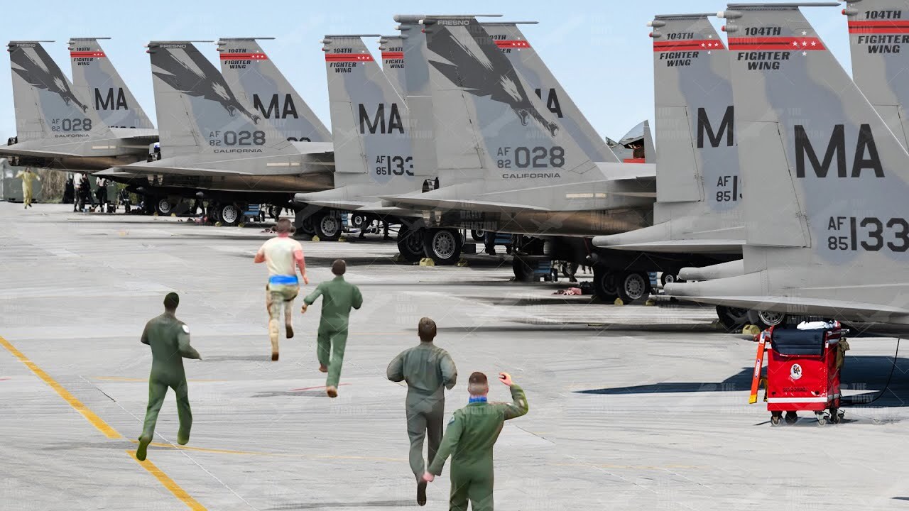 US pilots quickly prepare their large F-15s for takeoff at maximum speed