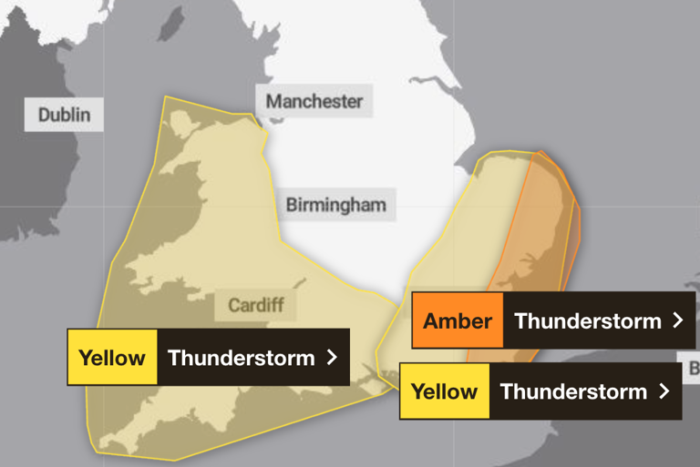 Met Office maps show amber thunderstorm warnings for parts of UK