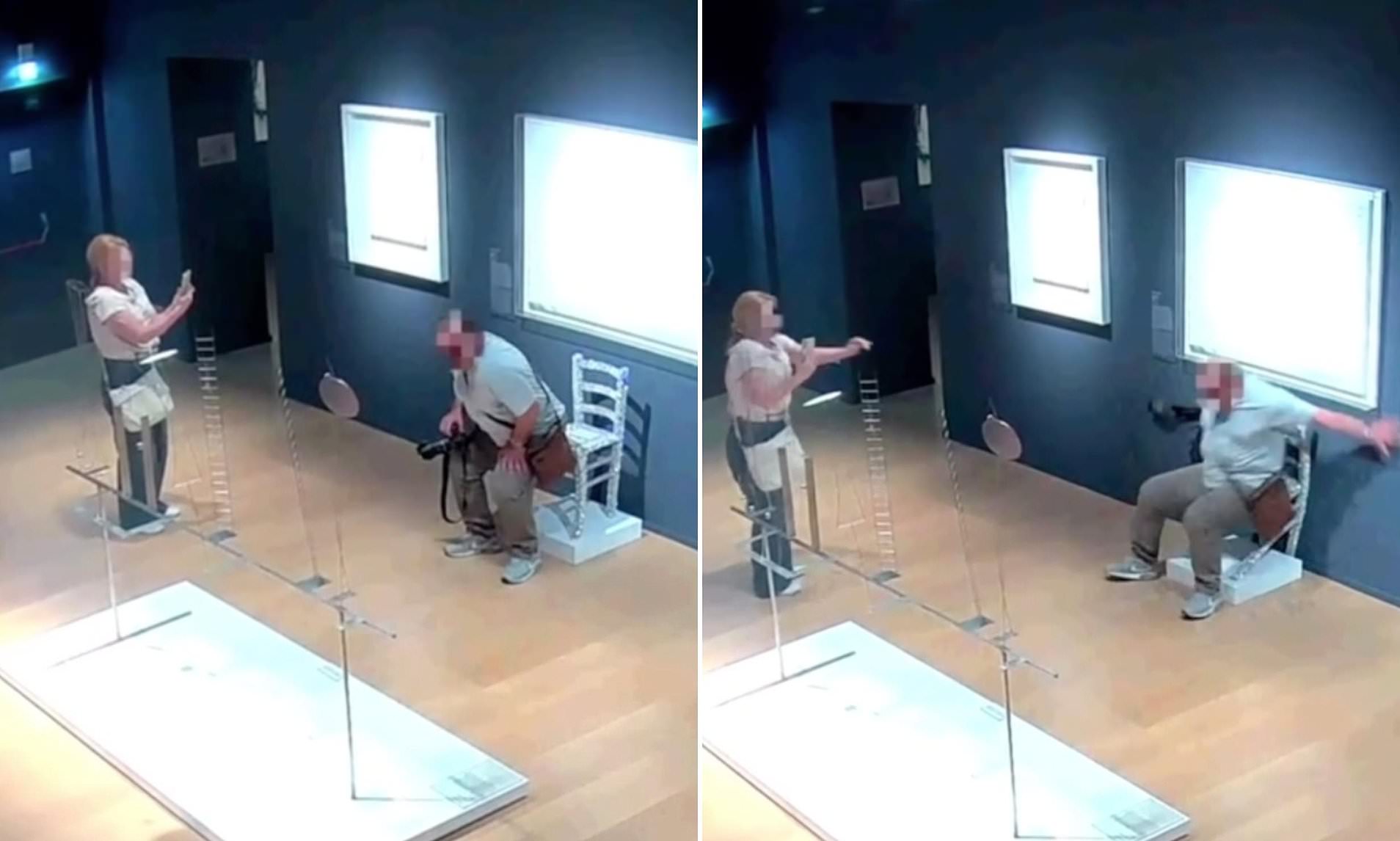 Moment tourist sits on crystal 'Van Gogh' chair - before it shatters ...