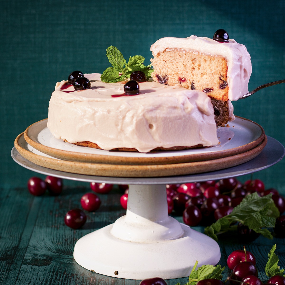 Grown Up Cherry Cake with Luxardo Cherries and Creamy Cherry Frosting