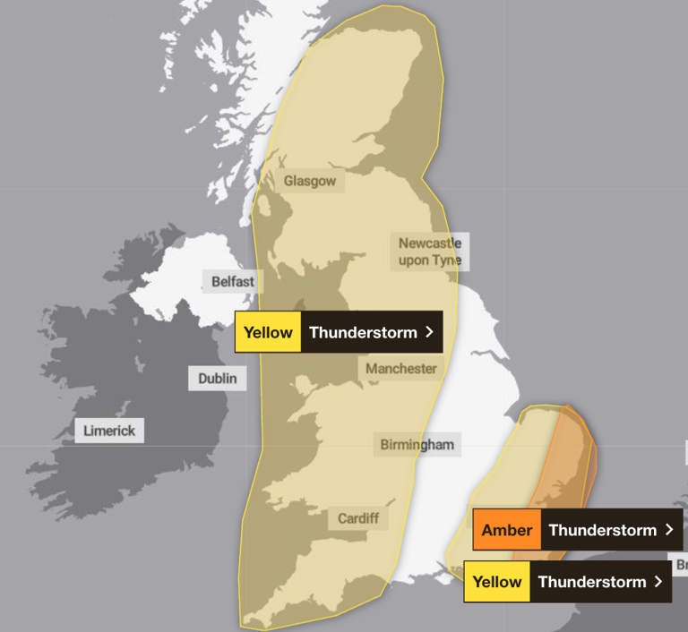 Met Office maps show amber thunderstorm warnings for parts of UK