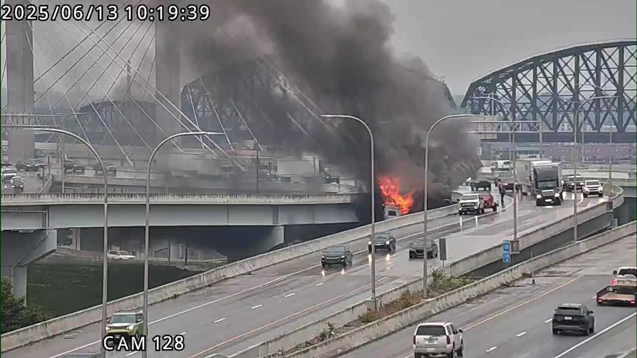 Semi catches fire, falls off interstate overpass in downtown Louisville