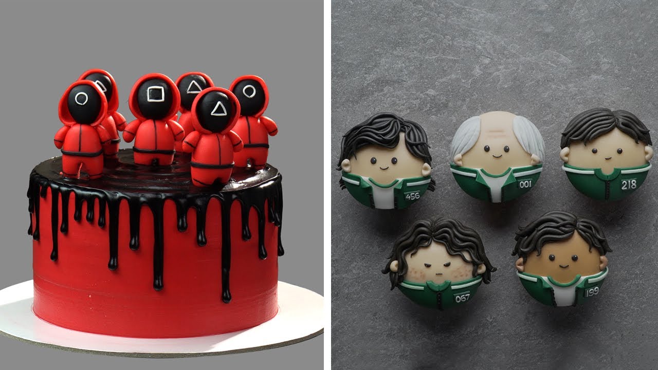 Squid Game Cake & Cupcake Art 🦑 | Epic Red Drip Cake + Cute Player Cupcakes