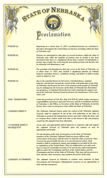 Nebraska Governor issues emergency proclamation ahead of protests