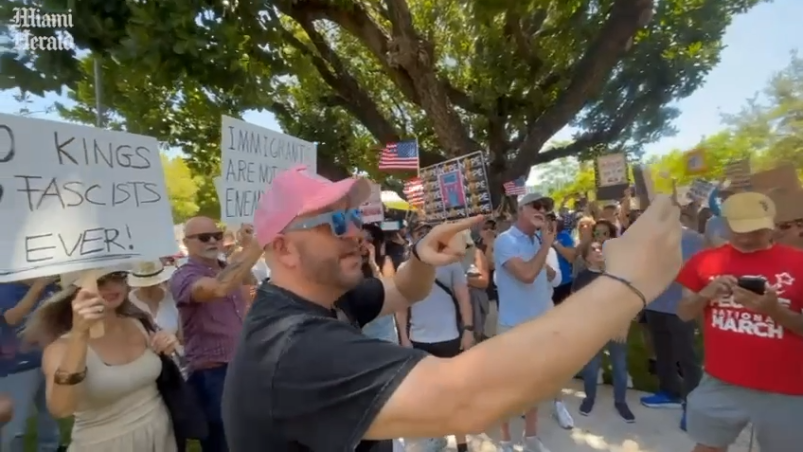 Protester fires up crowd during 'No Kings' protest in Miami Beach