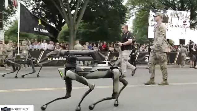Futuristic 'ghost robot dogs' walk take part in Trump military parade