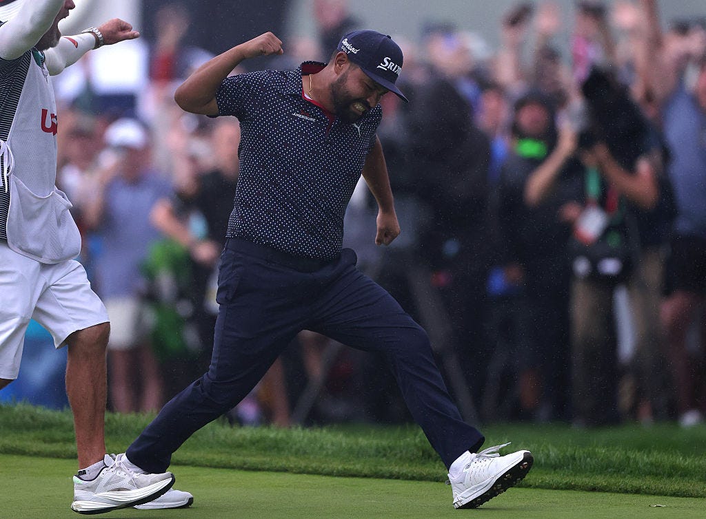 2025 US Open: J.J. Spaun drains 64-foot putt to win after a soggy ...
