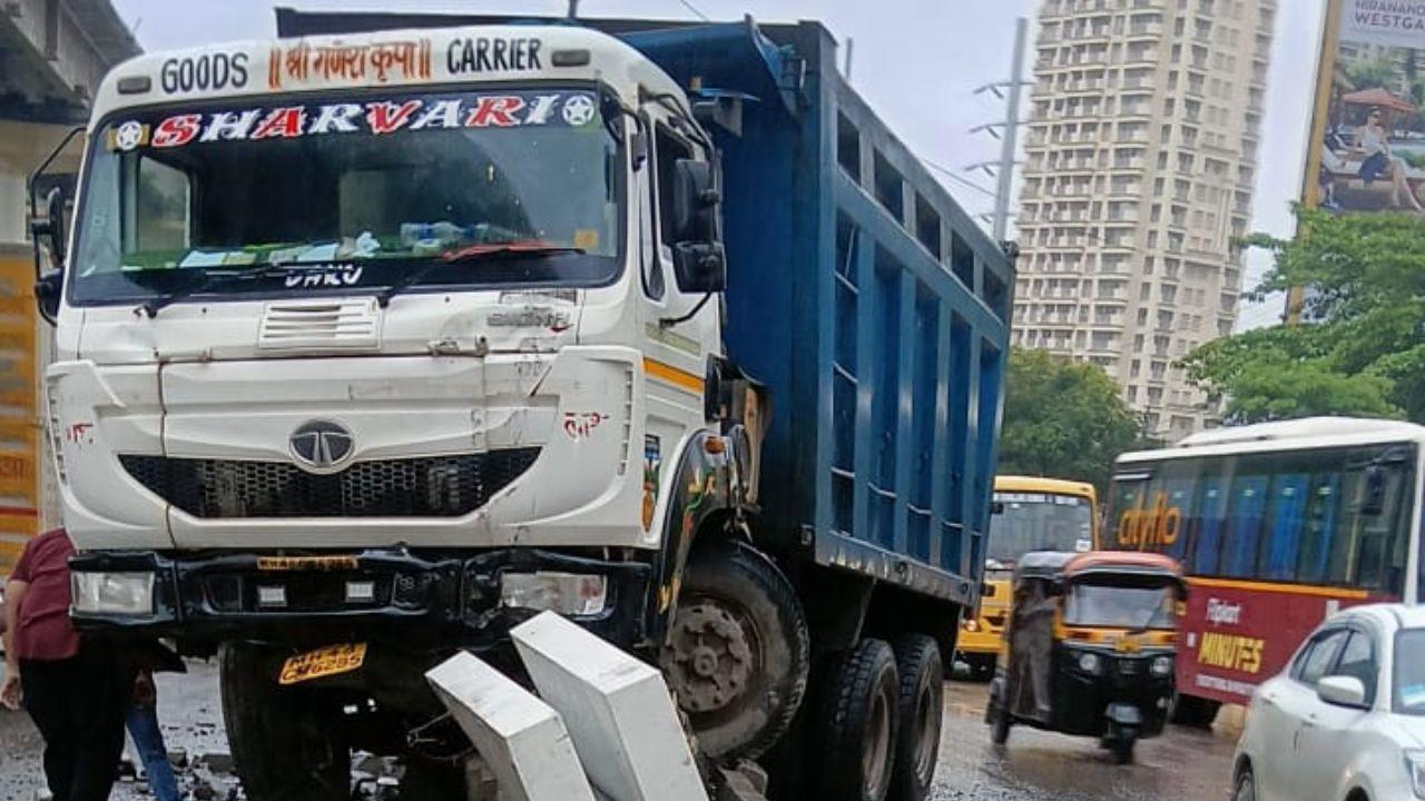 Thane: Dumper crashes into divider near Patlipada Bridge; causes 40-min ...