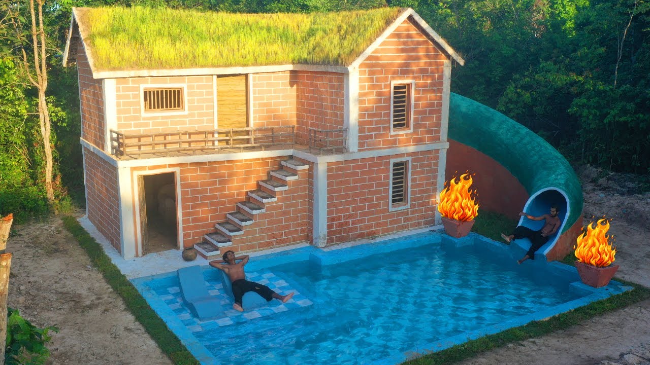 120 days building a two-story underground house with water slide to a pool