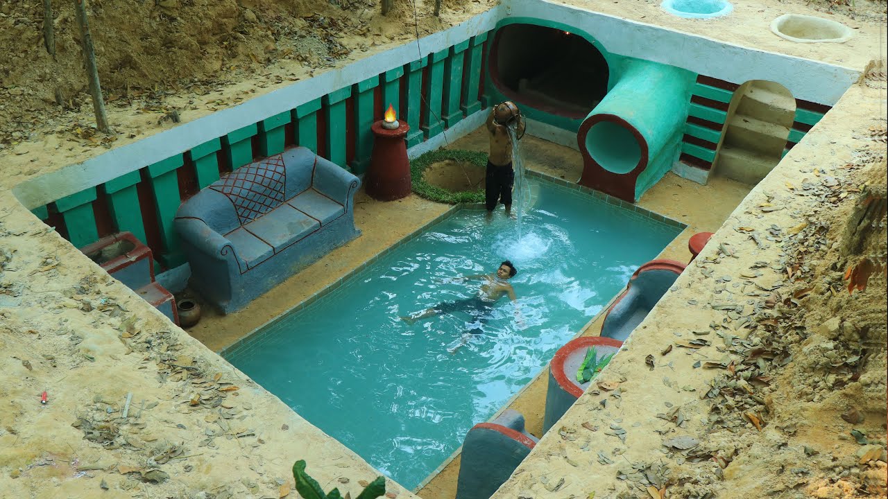 Building a Underground Cave Swimming Pool with a Decorated Living Room