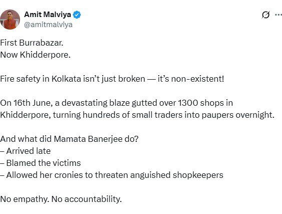 No Empathy, accountability: BJP slams Mamata over Kolkata's Khidirpore fire