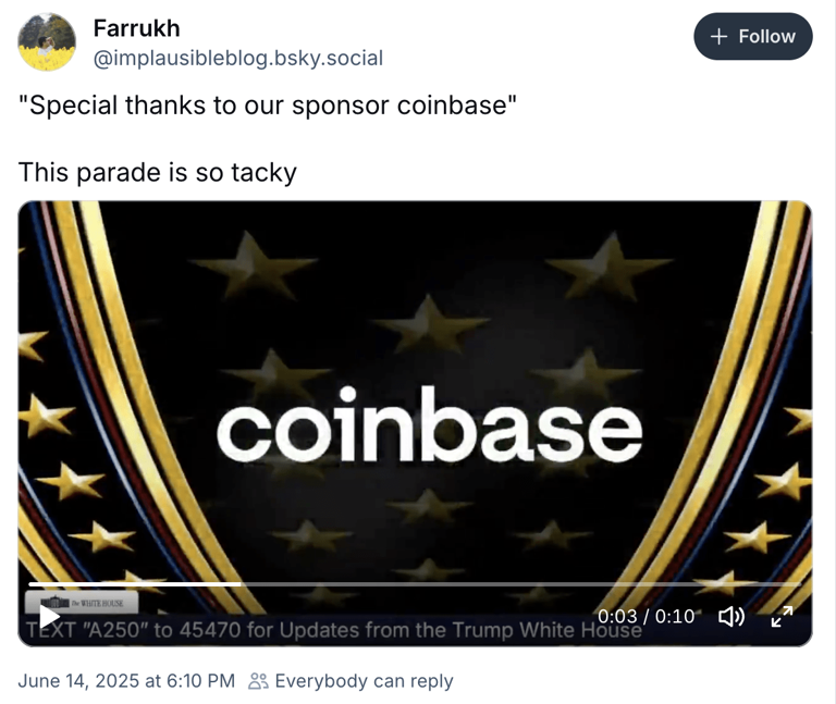 Coinbase slammed for backing US Army parade