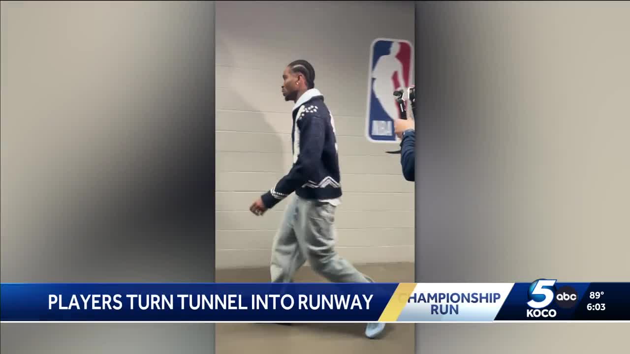 Finals Fashion: Thunder players walk through tunnel ahead of Game 5 of ...