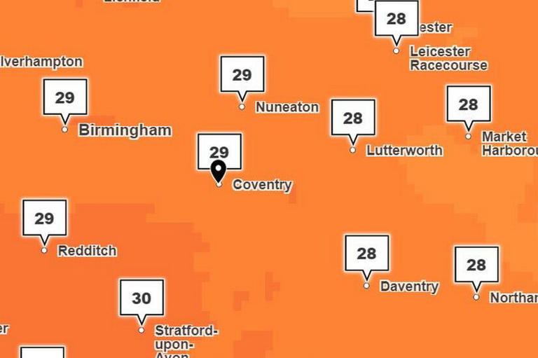 Coventry weather map turns red as Met Office reveals when 29C heat will ...