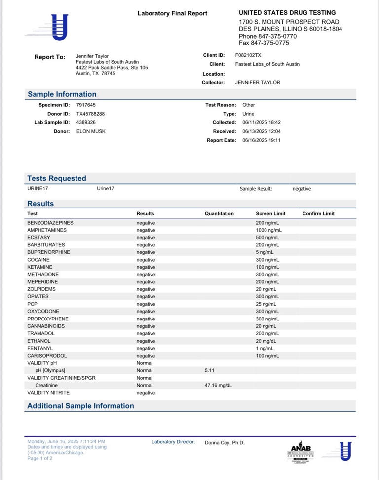 Elon Musk posts urine drug test results showing he tested ‘negative ...