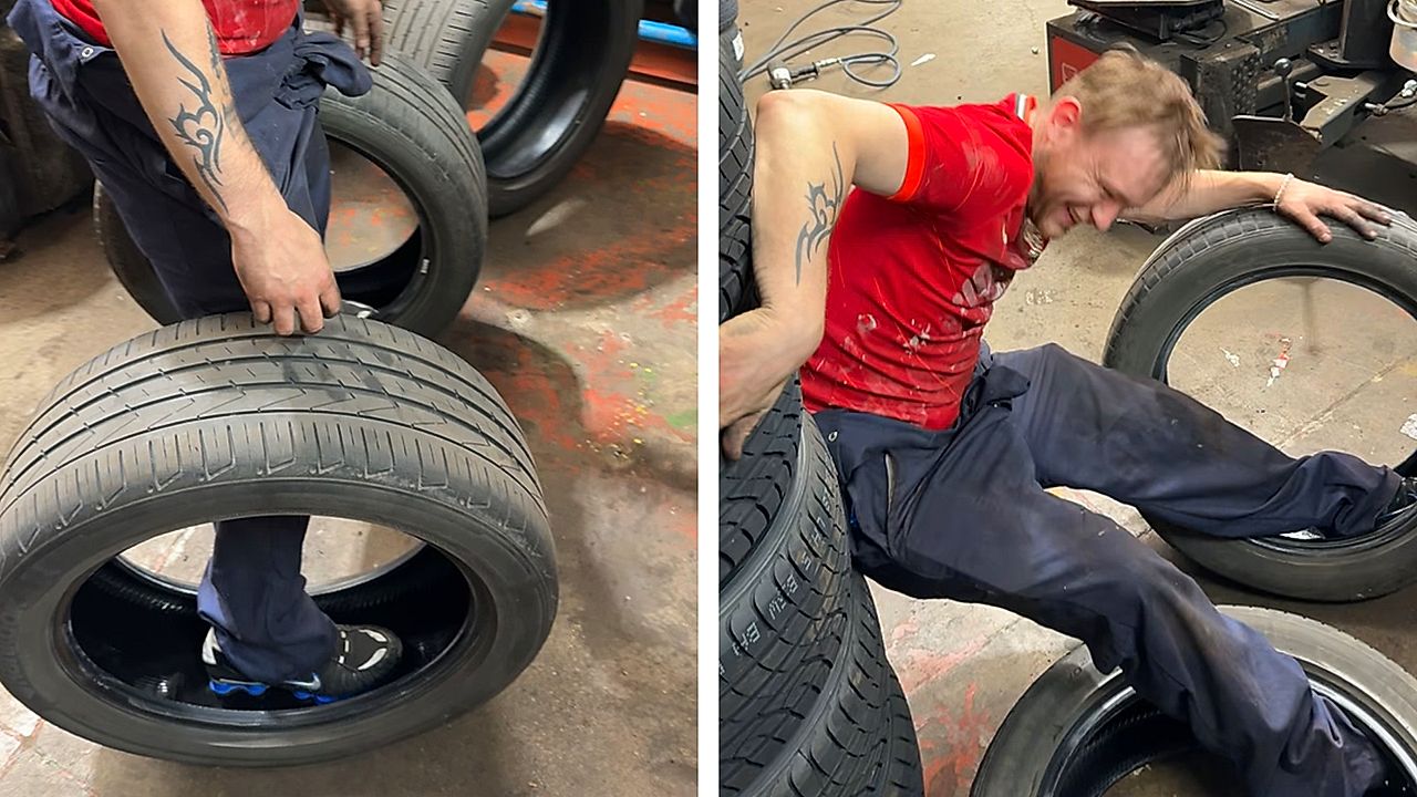 New guy falls for sticky tire prank