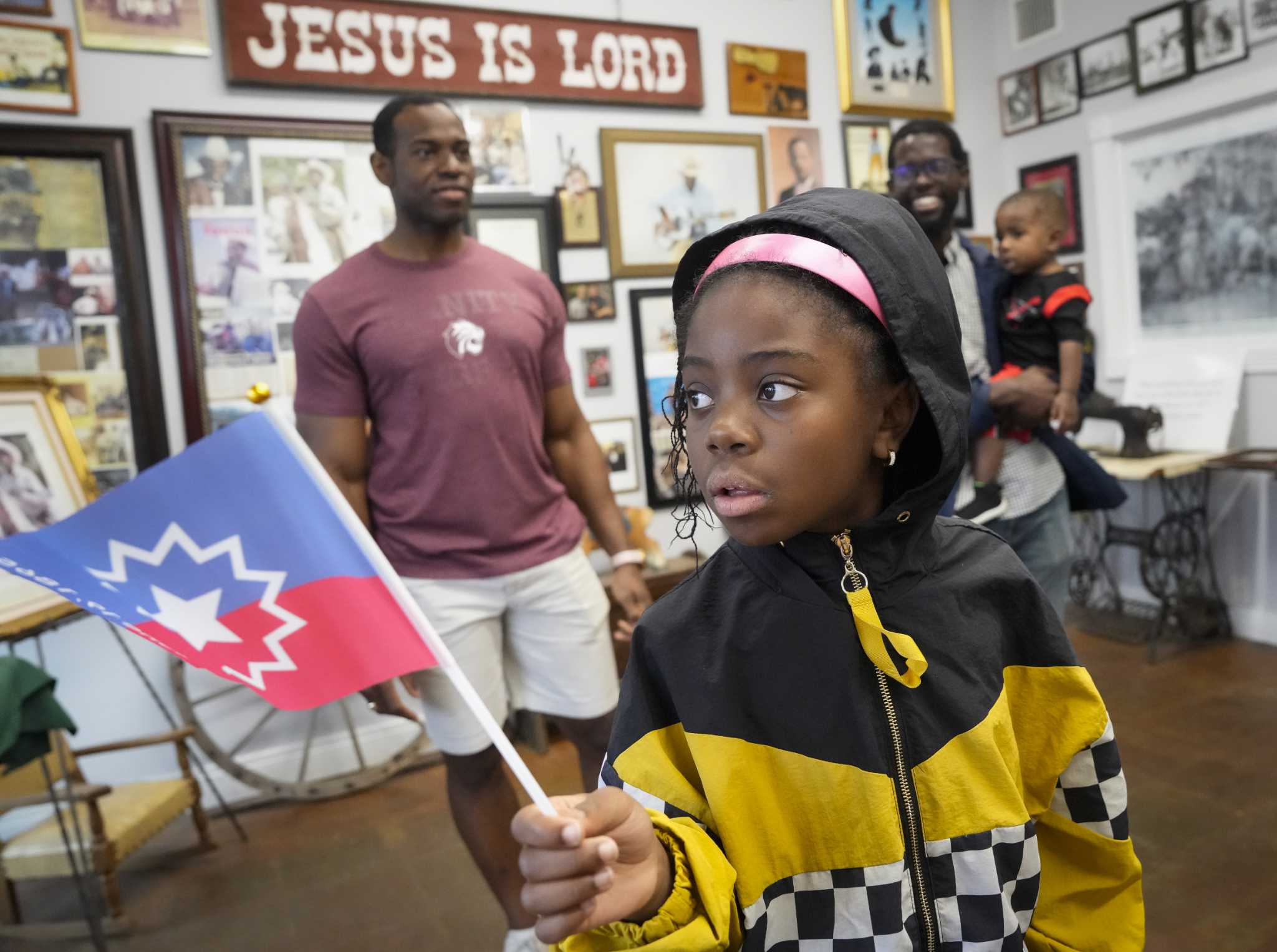 The red, white and blue of the Juneteenth flag symbolizes freedom. Here ...
