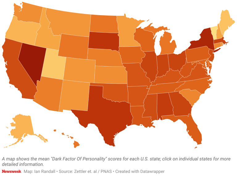 Map shows US states with the most psychopaths and other dark personalities