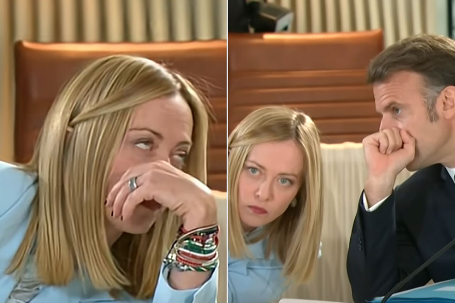 Italian PM Giorgia Meloni Delivers Dramatic Eye Roll While Whispering with Emmanuel Macron at G7 ...