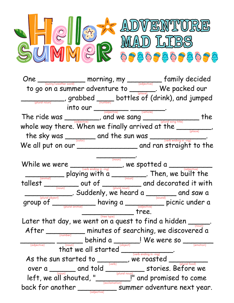 Unleash laughter with printable summer mad libs