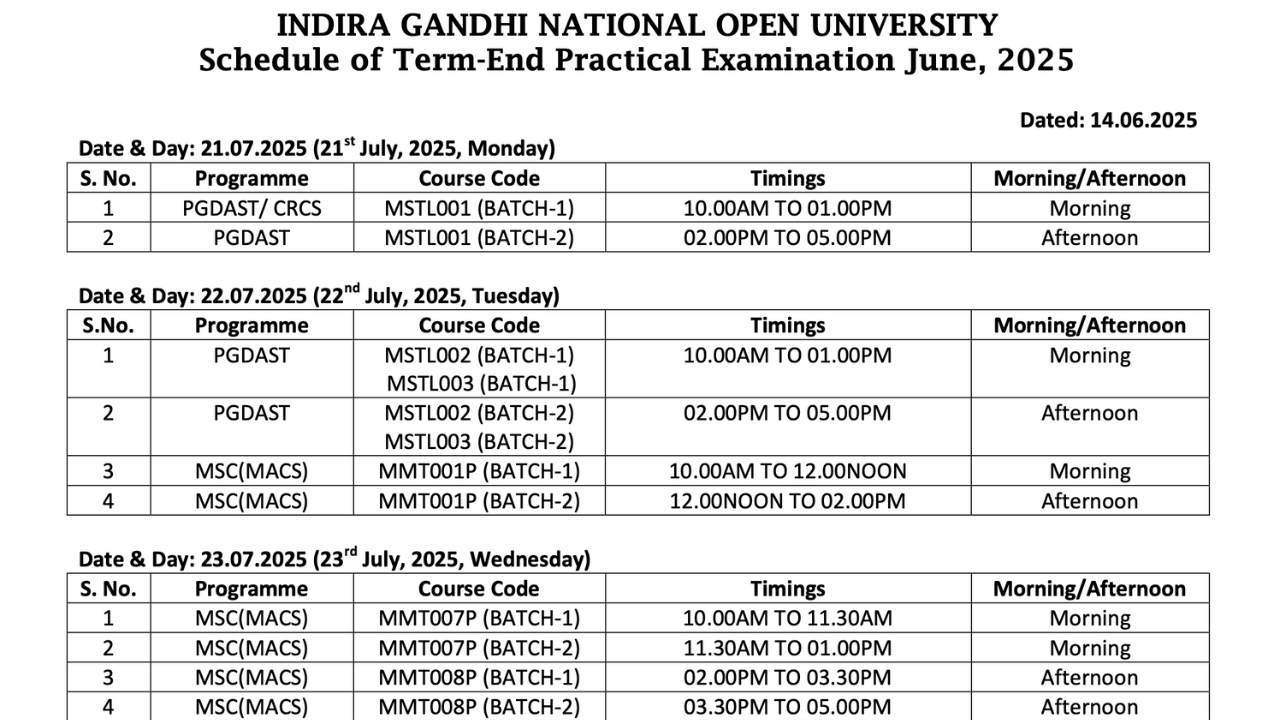IGNOU releases practical exam schedule for June TEE 2025: Check ...