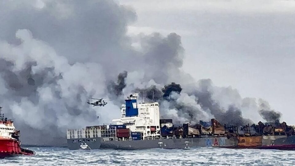 Singapore Flagged Cargo Ship Fire Off The Kerala Coast Partially