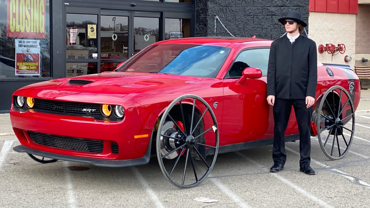 Hellcat on Horse & Buggy Wheels Does Burnouts in Town