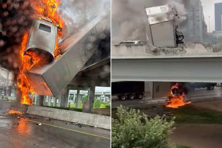 Driver Jumps 20 Feet from Burning Truck Before It Explodes and Plunges ...