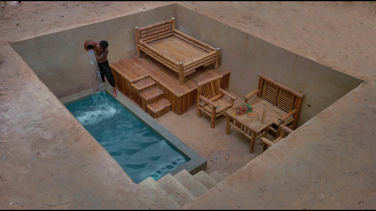 The most luxurious underground living room with swimming pool built by hand