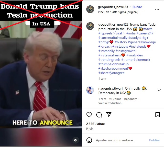 Video of Trump announcing ban on US Tesla production is manipulated