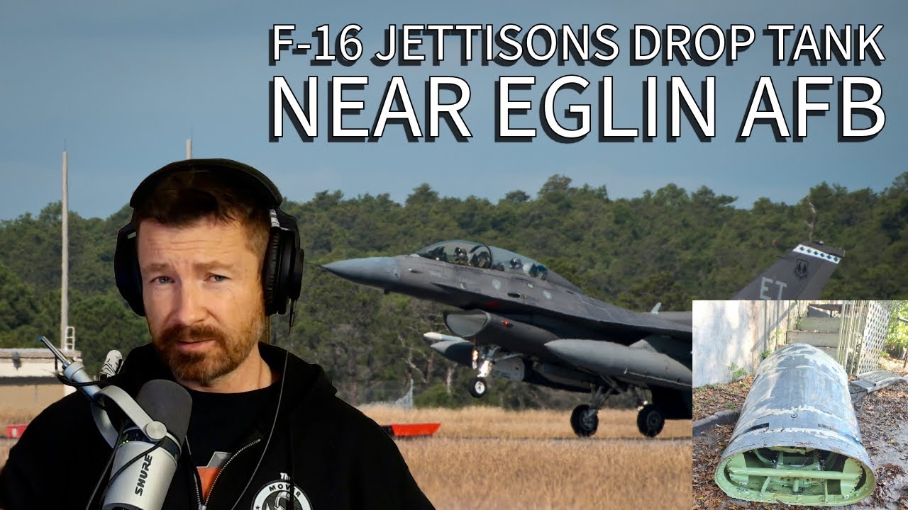 Looking back - F-16 jettisons drop tank near Eglin AFB, FL - narrowly ...
