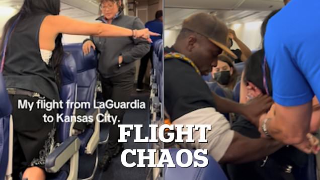 Moment woman gets detained on flight after attacking passenger