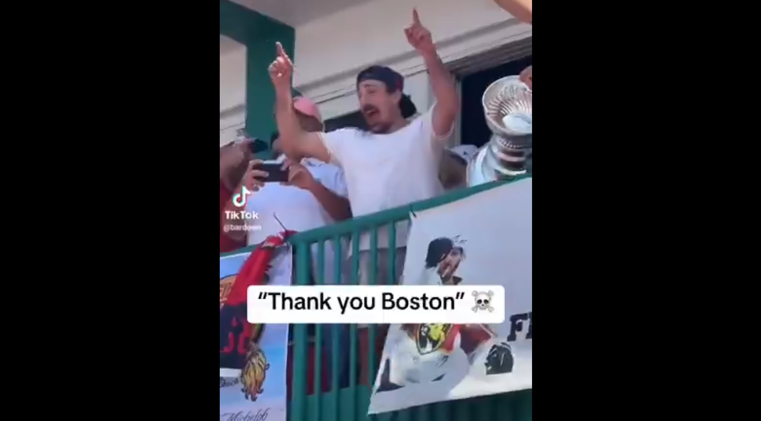 Marchand, at the party, sings “Merci Boston!” with Panthers fans