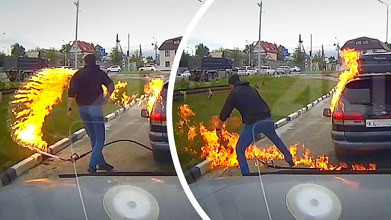 Fiery fail! Reckless driver sets car ablaze with 'lighter stunt' at gas ...