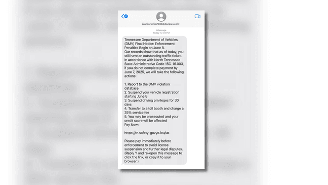 Influx of phony texts claiming to be Tennessee DMV reported