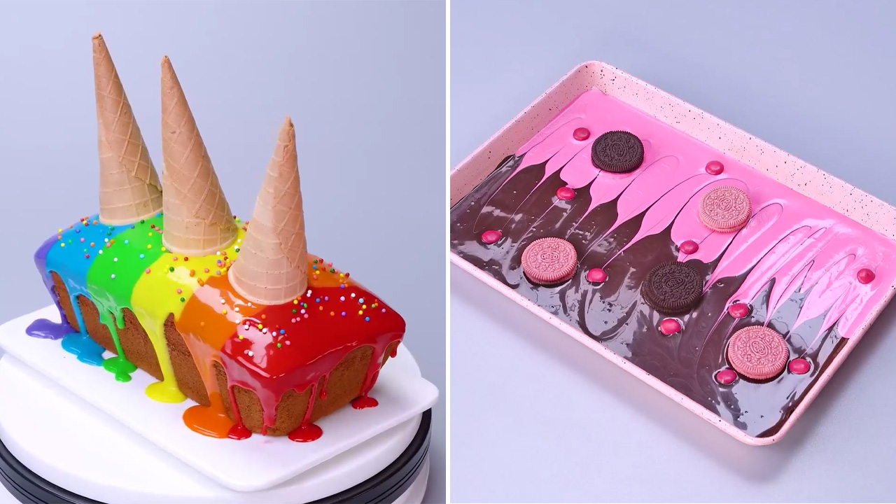 Rainbow Ice Cream Cone Cake vs Oreo Swirl Chocolate Tray – Sweet Color ...