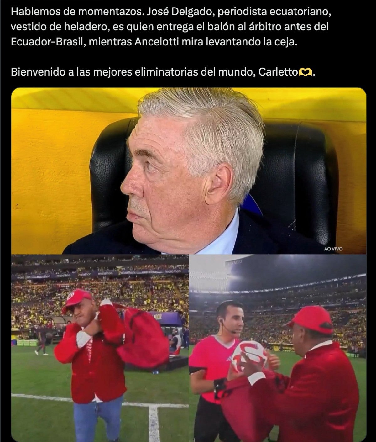 Ancelotti hace gestos por el protocolo del Ecuador vs Brasil y desata memes en su debut