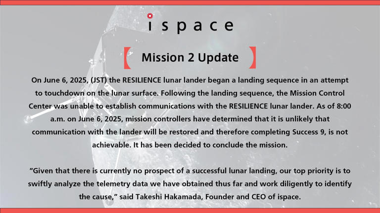 Japan's ispace confirms Resilience lander crashed on the Moon