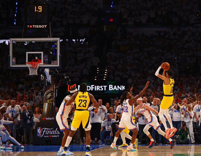 Pacers stun Thunder in NBA Finals Game 1 as Tyrese Haliburton hits ...