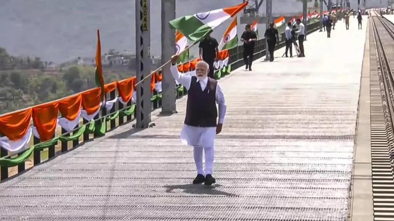 Watch: PM Modi waves national flag atop Chenab Bridge; inaugurates ...