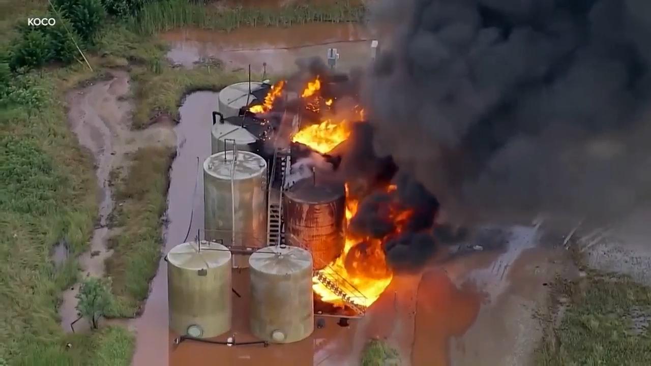 Large flames seen as tanks burn in Oklahoma