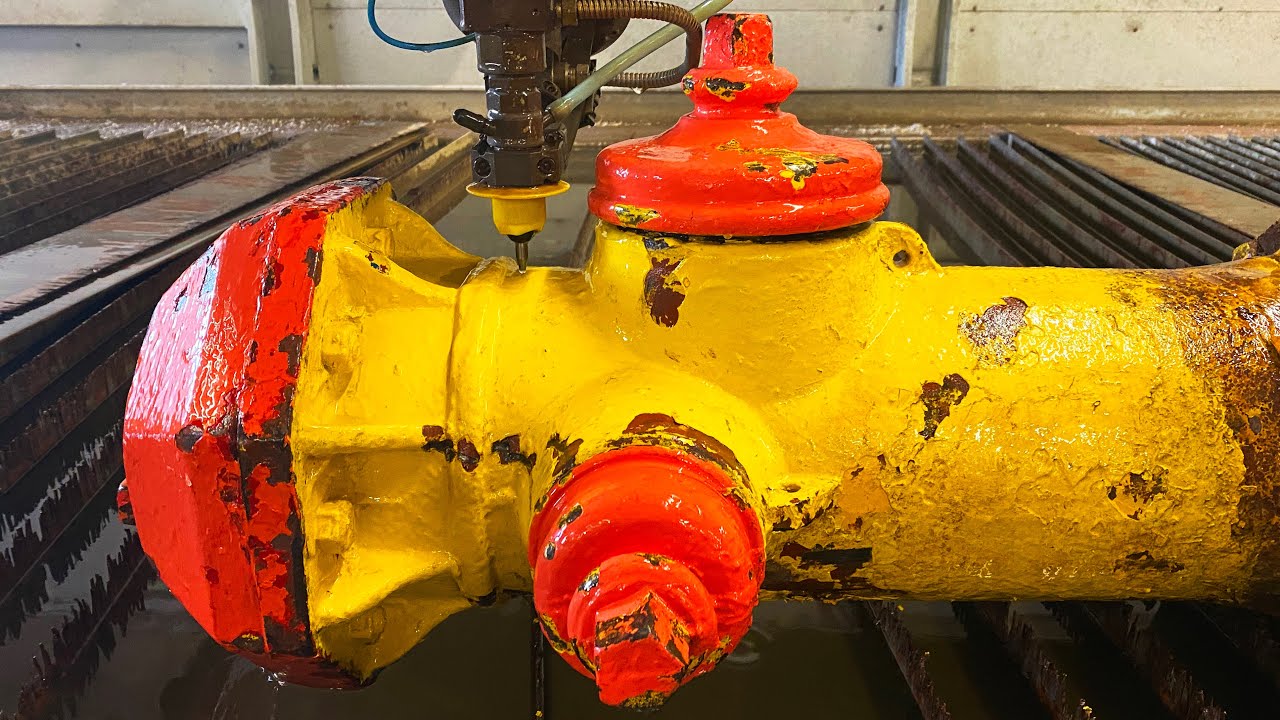 Fire Hydrant Cut In Half With 60,000 PSI Waterjet