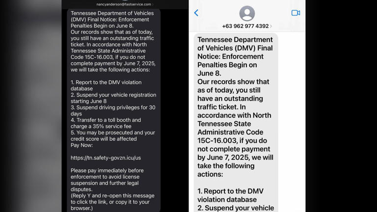 Text scam surfaces involving fake TN Dept. of Vehicles threat